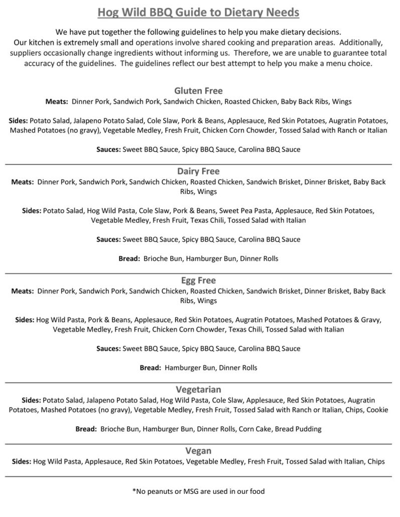 Dietary Information · Hog Wild BBQ Restaurant and Catering Service